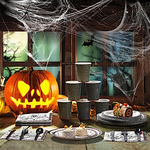 Halloween Party Plates Supplies,Disposable Vintage Skull,Spider Web Tableware Paper Plates and Napkins Cups Knives Spoons Forks for Halloween Birthday Baby Shower Party Decorations,Serve 50 Guests