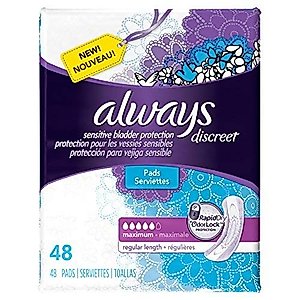Discreet, Incontinence Pads, Maximum, Regular Length, 48 Count by Always