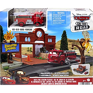 Mattel Disney and Pixar Cars On The Road Toys, Red’s Fire Station Playset with Die-cast Fire Truck & Kid-Activated Action