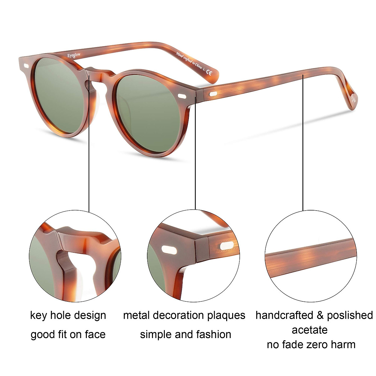 EyeGlow Retro Sunglasses Women Round Small Sunglasses Men Sunglasses for Women Polarized Lens Acetate Material Tortoise Color Green Lens