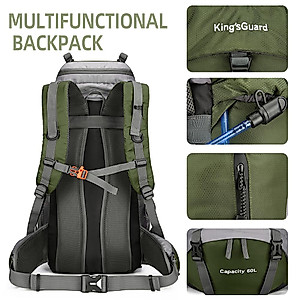 King'sGuard 60L Hiking Backpack Men Women Camping Backpack Waterproof Backpacking Mountaineering Climbing Daypack with Rain Cover (Army Green)