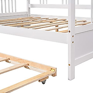 Lepfun Full Daybed with Twin Size Trundle, Wood Full Size Bed Frame with Rails in Three Sides, Full Sofa Bed for Living Room, Bedroom, Apartment, Dorm, No Box Spring Needed (Full, White)