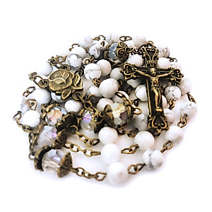 Our Lady of Lourdes White Howlite Stone Rosary Beads Catholic for Women and Rosary Bracelet for Women Set,Rosary & Miraculous Medal Bracelet,Catholic Rosary, Stone, Amethyst