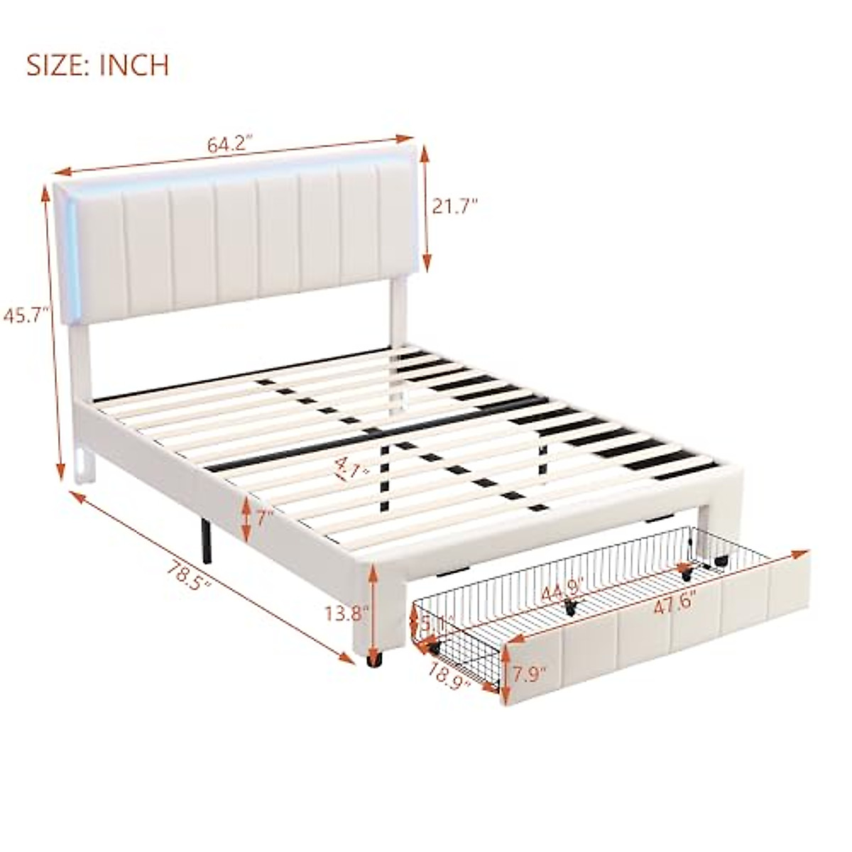 Modern Queen Size Upholstered Platform Bed with LED Lights and 2 Motion Activated Night Lights, PU Leather Platform Bed Frame Mattress Foundation with Storage Drawer for Bedroom Guest Room (White-A4)