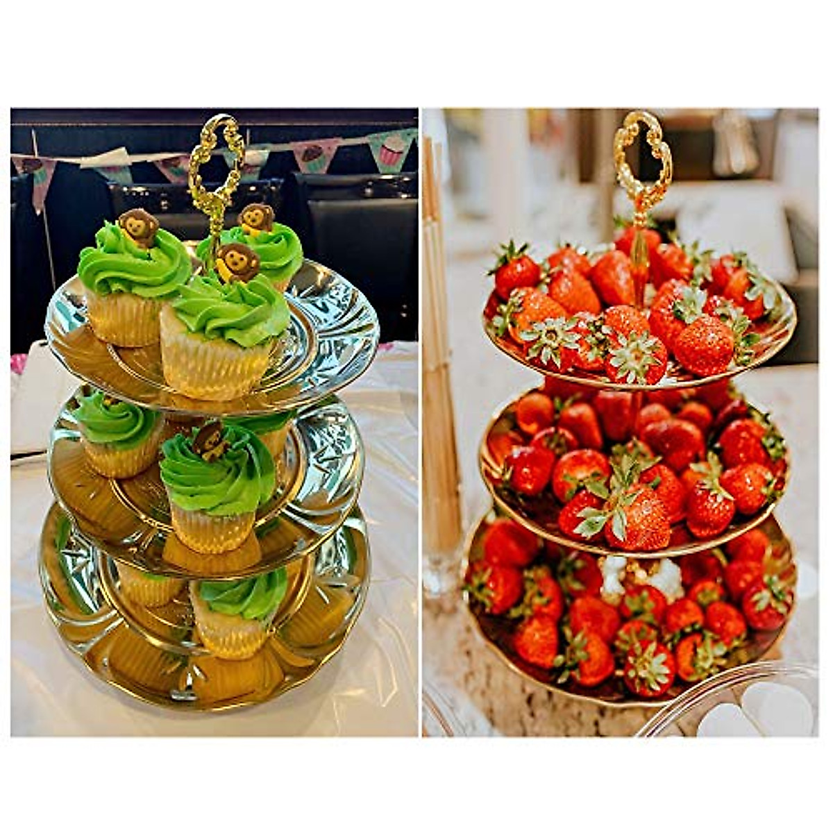 Two Set of Three Tier Cake Stand and Fruit Plate by Imillet -Stainless Steel Stand of Golden for Cakes Desserts Fruits Candy Buffet Stand for Wedding &Home&Party Serving Platter (2 pack) …