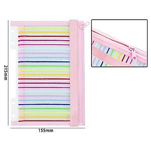 Chris.W Discbound Notebook Elastic Band Pen Holder, Junior Size Disc Bound Planner Cover Mesh Pencil Case Bag, Zipper Pouch for Pens Cards Stickers School Supplies (5.5inx8.5in, Pink with Stripe)