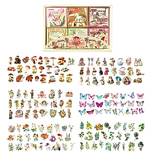 Cute Scrapbook Stickers Pack（300 Pieces）Butterfly Mushroom Flower Angel Peter Rabbit Small Size Decal Seals Set for Planner,Bullet Journaling,Junk Journal,Retro Crafts,Decoupage Stationary Supplies(Secret Garden)