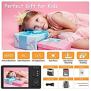 Kids Digital Camera, FHD 1080P Compact Camera 48MP Autofocus 16X Digital Zoom Portable Camera for Boys, Girls,Children,Teenagers,Beginners (with 32GB SD Card and 2 Battery)