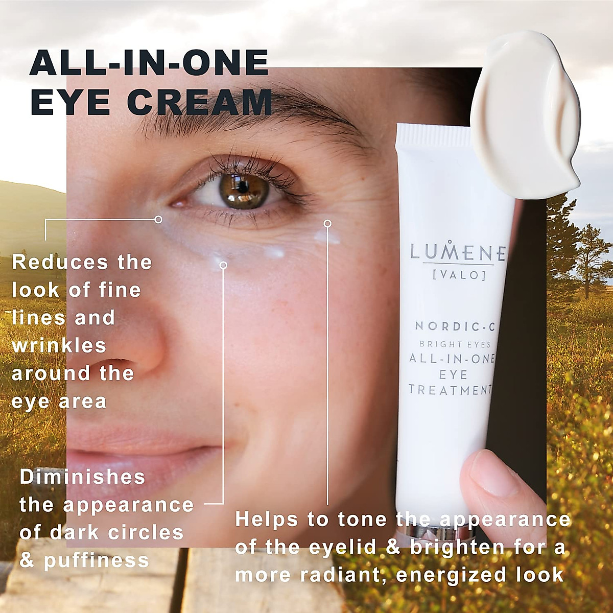Lumene Bright Eyes All-In-One Eye Treatment - Eye Cream for Dark Circles and Puffiness - Hydrating Eye Cream with Vitamin C + Hyaluronic Acid - Fragrance-Free + Vegan (15mL)