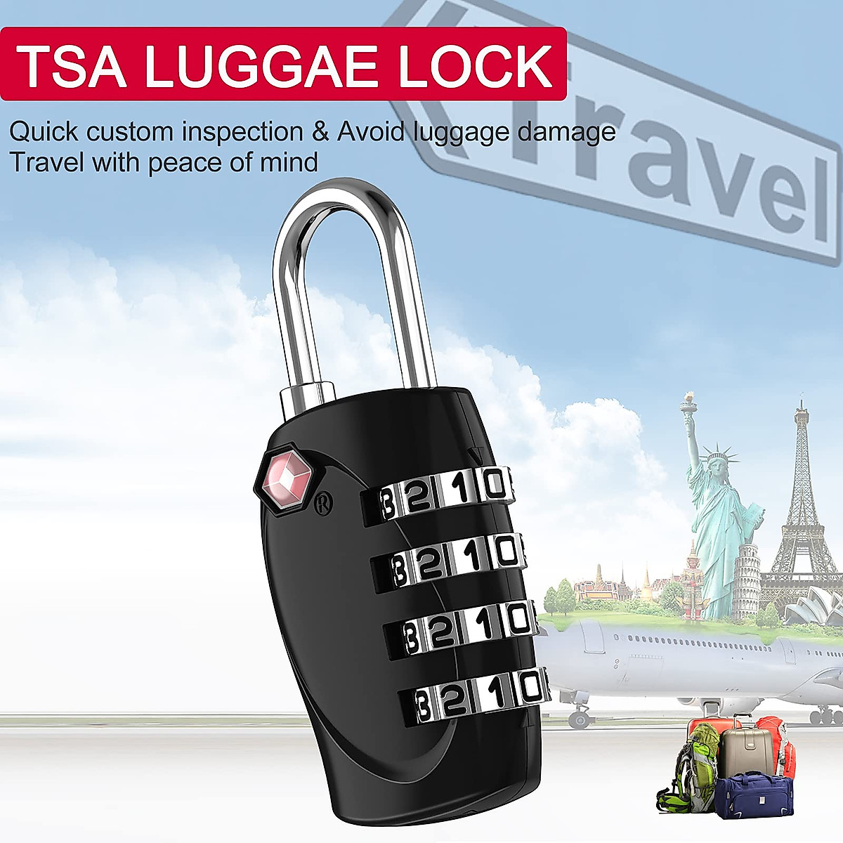 ZHEGE Luggage Locks TSA Approved, 4 Digit Small Combination Padlocks for Travel, Zipper Lock for Suitcase, Backpack, Tent, Gym Lockers, etc. (Black, 2 Pack)