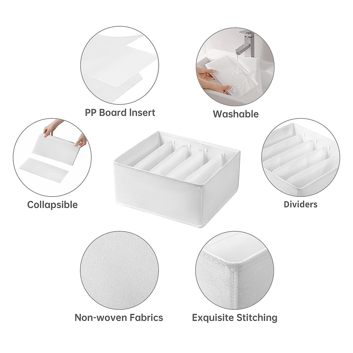 Coorganisers 4 Packs Jeans Drawer Organizers for Clothing,5 Grids Compartment Wardrobe clothes organizer,Fabric Washable Closet Organizers and Storage Bins for Jeans,Pants,Bra,Legging,t-shirt-White