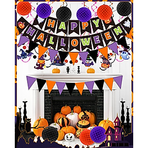 Happy Halloween Banner Halloween Party Decorations Indoor, Paper Pom Poms Triangle Flag Halloween Sign Hanging Garland Swirls Halloween Streamers for Trunk or Treat Decorations
