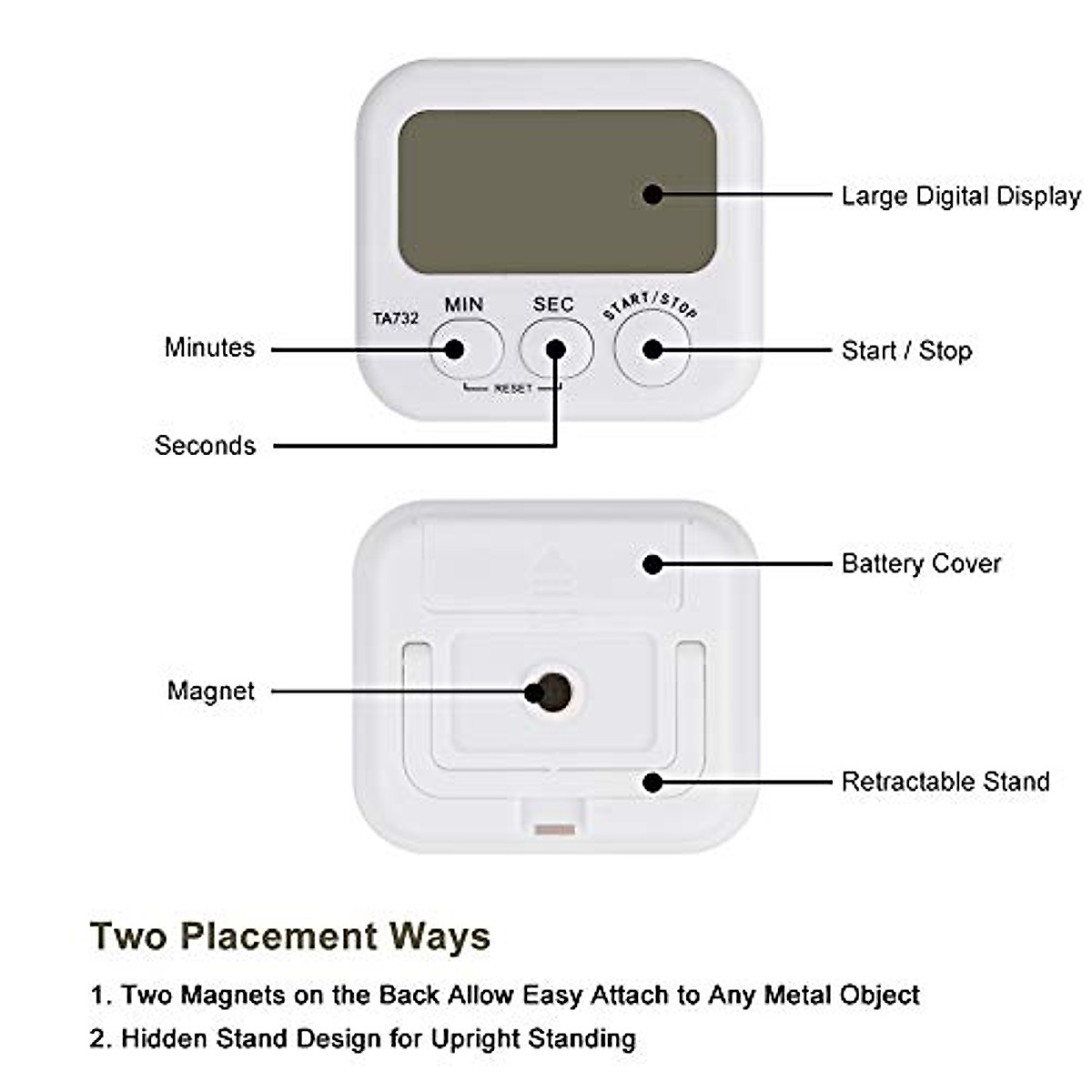 stonylab 2pk Digital Timer, 2-Pack Basic High Decibel Loud Alarm Countdown Timer Digital Timer Kitchen Timer Event Timer with Magnetic Back and Large Digits
