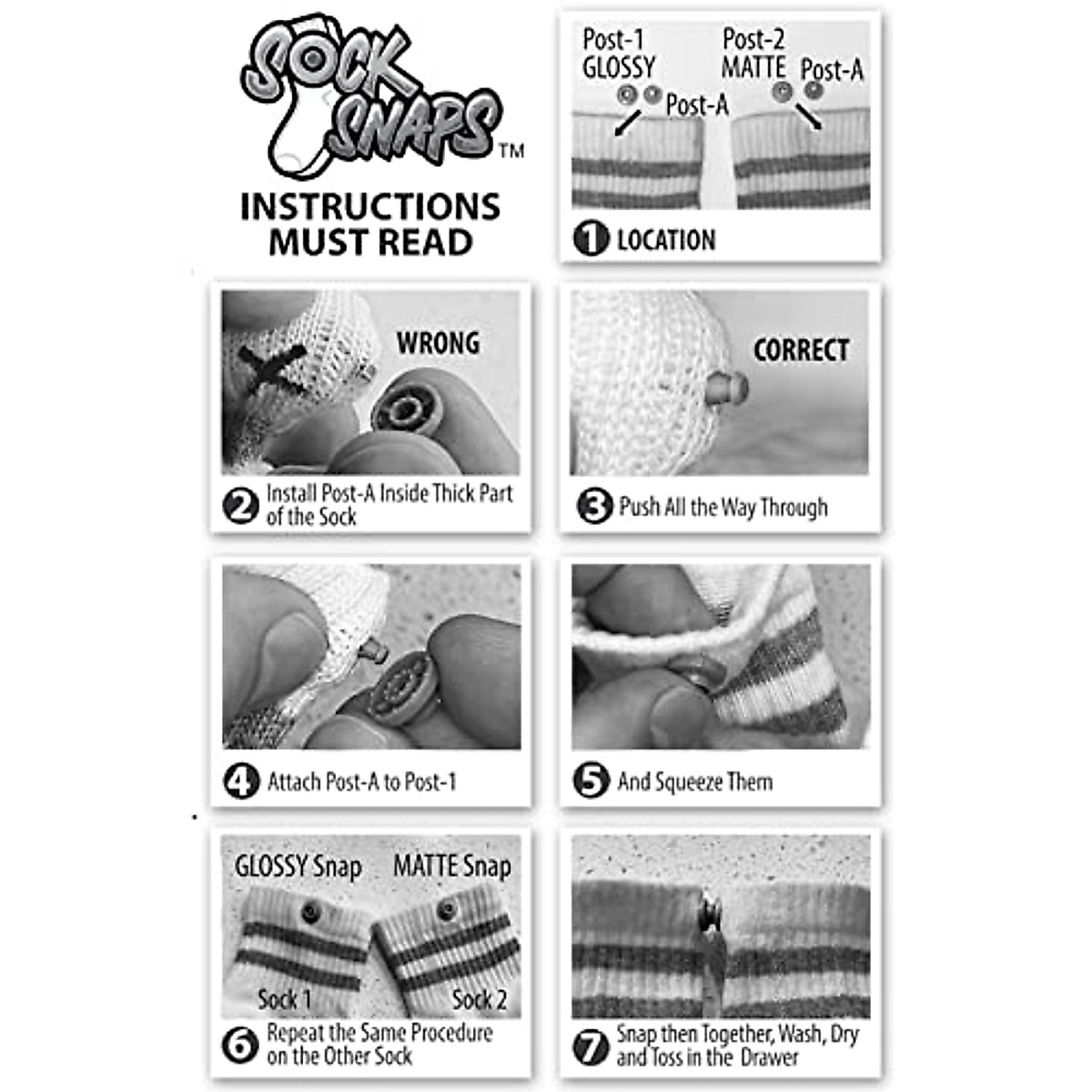 Black Sock Snaps, Sock Locks, Sock Clips for Washer and Dryer, Socks Organizer for Closet, Sock Keeper, Easy to Use Laundry Tool for Socks - 3 Pack Set, 8 Pairs per