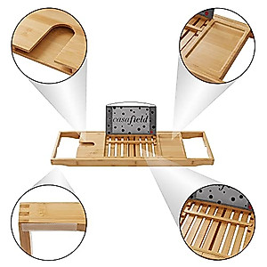 Casafield Bamboo Bathtub Caddy - Luxury Expandable Bath Tray - Adjustable Tub Organizer Holder for Tablet, Book, Phone, Wine Glass, Candles, and Soap