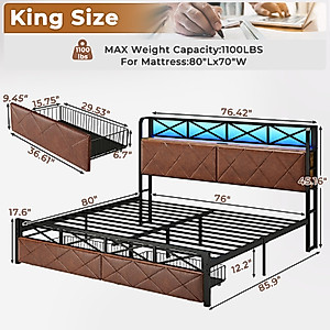 DICTAC King LED Bed Frame with Hidden Storage Headboard, Brown Leather Upholstered Bed Frame with 2 Drawers, Metal Platform King Led Headboard with Charging Station