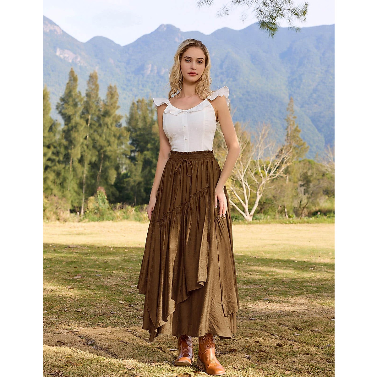 Scarlet Darkness Renaissance Skirt Women Ren Fair Costume High Waist Flowy Boho Skirt Brown M
