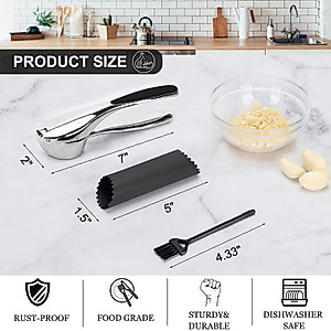 CUNSENR Garlic Press with Silicone Peeler & Brush - Garlic Mincer Tool - Easy to Use & Clean - Garlic Crusher - Rustproof Garlic Smasher - Dishwasher Safe - Press Garlic with Ease (Bright,Silver)