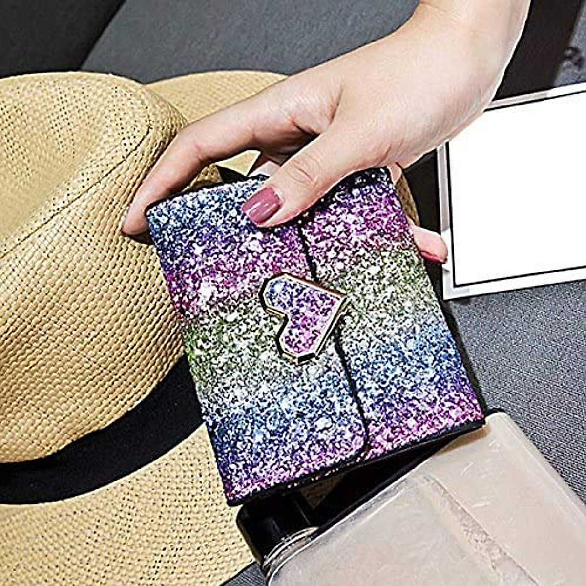 Bestmaple Multicolor Metal Sequins Small Wallet PU Leather Patchwork Hasp Mini Wallet for Women Girls Money Wallet Card Coins Bag(Heart button)