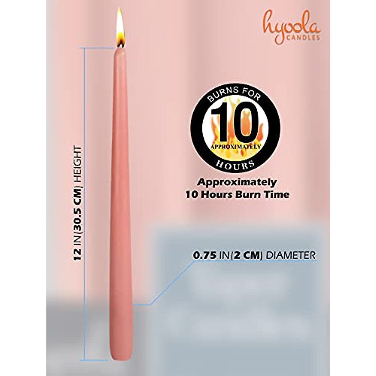 12 Pack Tall Taper Candles - 12 Inch Rose Pink Dripless, Unscented Dinner Candle - Paraffin Wax with Cotton Wicks - 10 Hour Burn Time