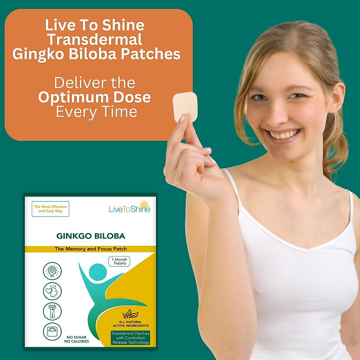 Live To Shine Ginkgo Biloba Patch - 30 Gingko Transdermal Patches - One Month Supply for Women and Men - USA Made
