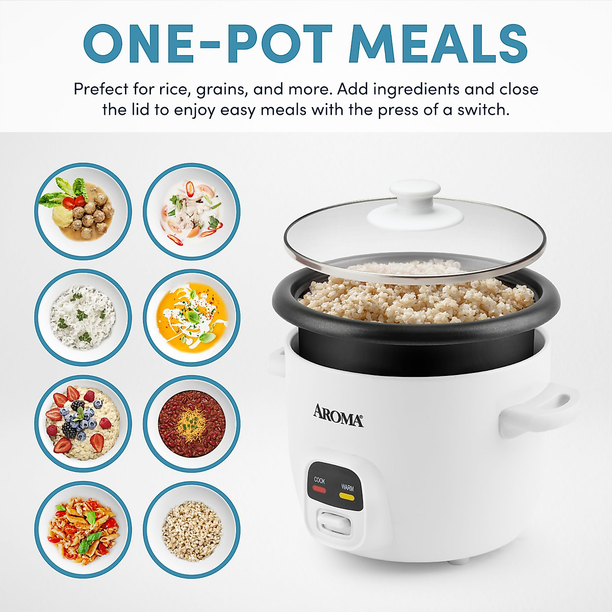 AROMA® Rice Cooker, 3-Cup (Uncooked) / 6-Cup (Cooked), Small Rice Cooker, Oatmeal Cooker, Soup Maker, Auto Keep Warm, 1.5 Qt, White, ARC-393NG
