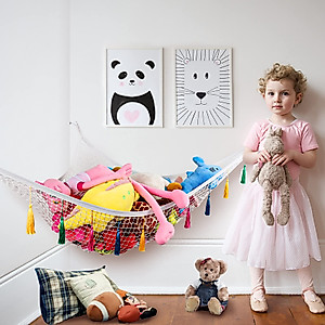 Stuffed Animal Net, Toy Storage Hammock, Premium Plush Hanging Stuff Animals Organizer, Mesh Pet Net with 12pcs Colorful Tassels for Nursery Play Room Bedroom Kid Room(Large, White)