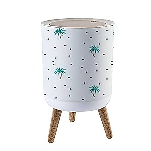 CAKOJV188 Round Trash Can with Press Lid Palm Trees and Coconuts Seamless with Polka dots Small Garbage Can Trash Bin Dog-Proof Trash Can Wooden Legs Waste Bin Wastebasket 7L/1.8 Gallon