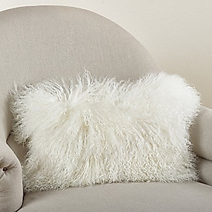 SARO LIFESTYLE 100% Wool Mongolian Lamb Fur Throw Pillow with Poly Filling, 12" x 20", Ivory