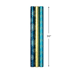 Hallmark Foil Holiday Wrapping Paper with Cut Lines on Reverse (3 Rolls: 60 sq. ft. ttl) Elegant Navy Blue and Gold for Christmas, Hanukkah, Weddings, Graduations