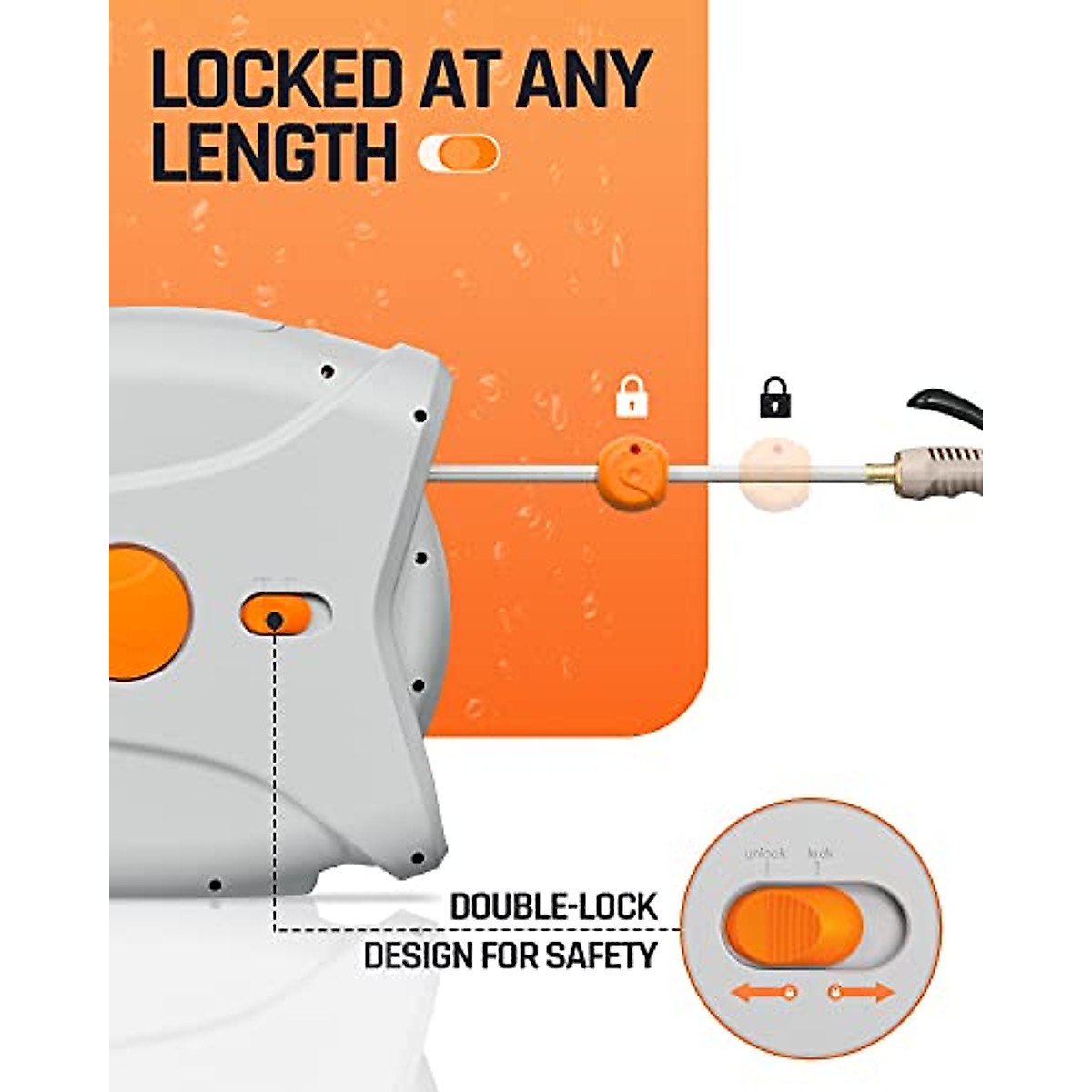 FIILPOW 100 FT 1/2" Retractable Garden Hose Reel, Any Length Lock, Heavy-Duty Wall Mounted Hose Reel with Automatic Rewind, Brass Connector, Adjustable Patterns, 180° Garden Watering & Car Washing