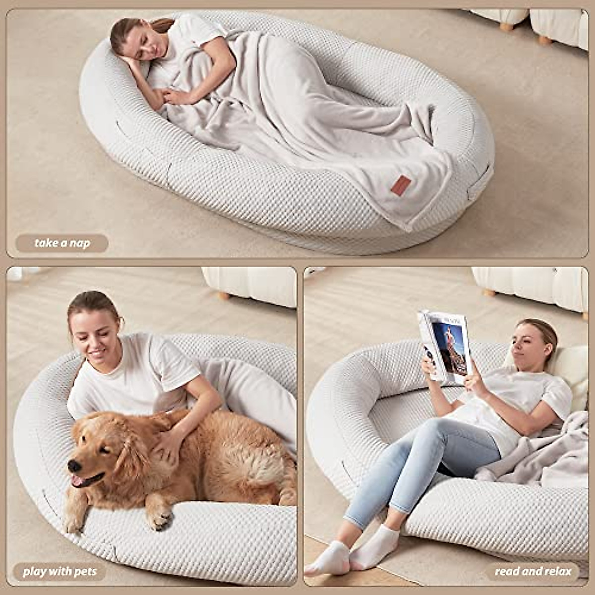 Homguava Large Human Dog Bed 72"x48"x10" Human-Sized Big Dog Bed for Adults&Pets Giant Beanbag Bed with Washable Fur Cover,Blanket and Strap(Light Grey)