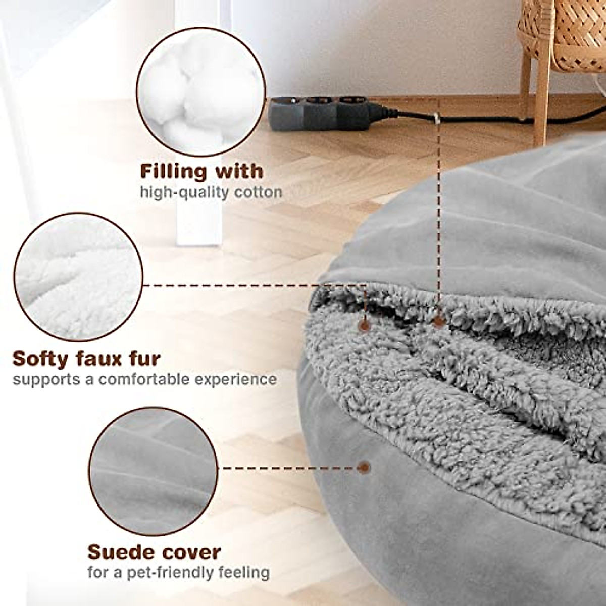 Lasaas Small Dog Bed with Blanket Attached Round Donut Cozy Cuddler Calming Dog Bed with Removable Liner Soft Warmth Plush Puppy Pet Bed for Small Cats or Dogs Light Grey M
