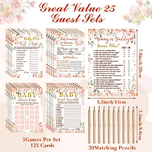 125 Pcs Floral Baby Shower Games for Girls Set of 5 Baby Shower Game Activities Floral Cards with 20 Pencils Includes Baby Bingo Guess Who Baby Price Is Right Description Word Scramble Game