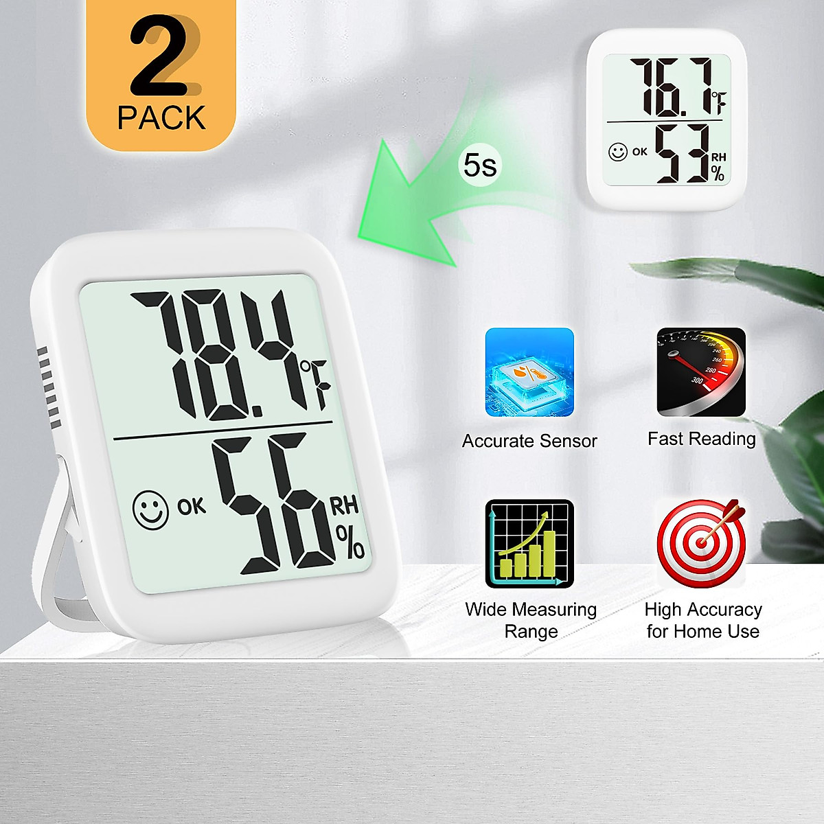 Antonki Room Thermometer Indoor Hygrometer, Humidity Gauge, Humidity Meter, Digital Temperature and Humidity Monitors for Home, Baby Room, Terrarium, Incubator, Greenhouse - 2 Pack