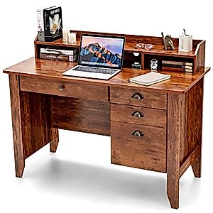 MJWDP Computer Desk PC Laptop Writing Desk Workstation Antique Brown Desk with Drawers and Shelves