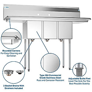 KoolMore - SC101410-12B3 3 Compartment Stainless Steel NSF Commercial Kitchen Sink with Right and Left Drainboards - Bowl Size 10" x 14" x 10", Silver