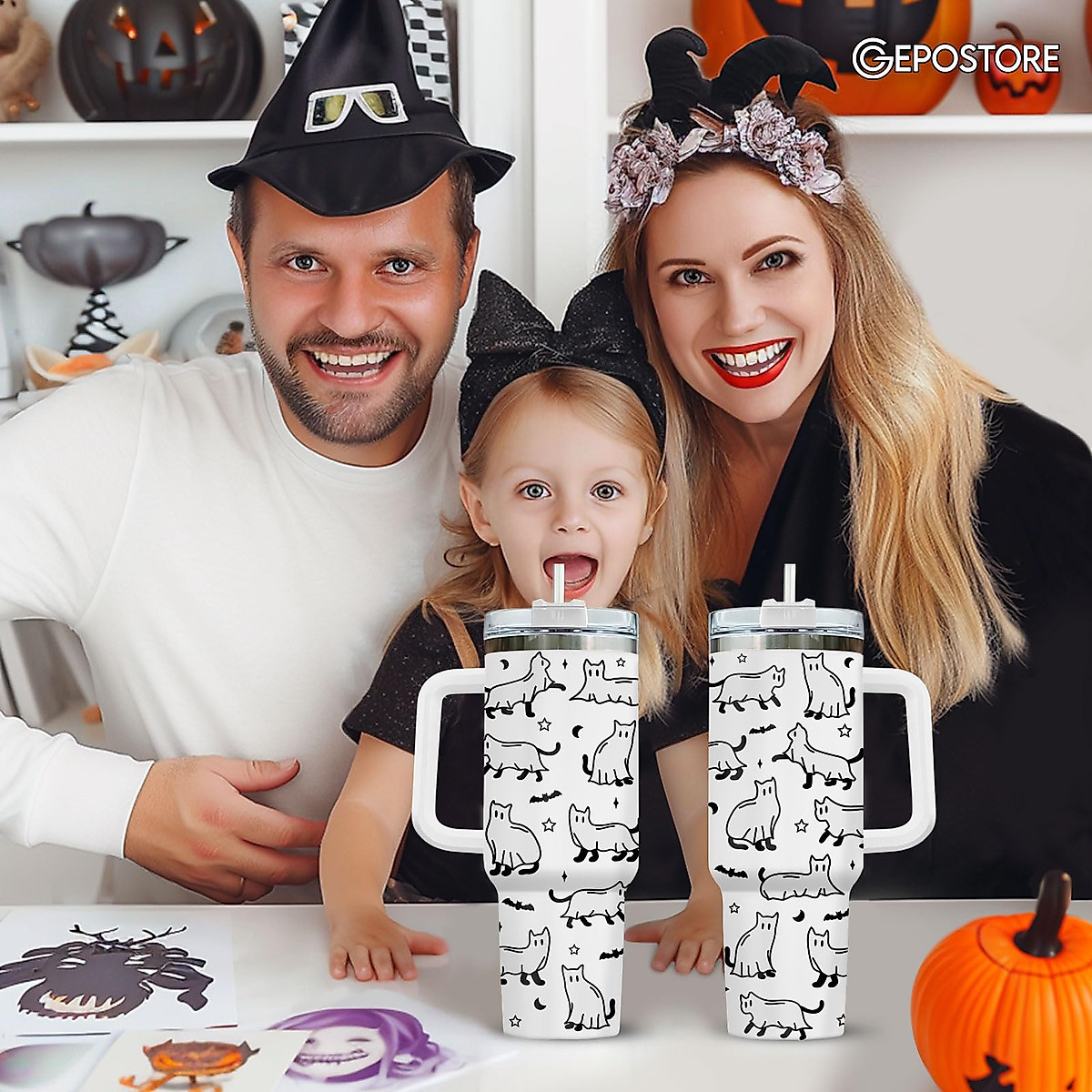 GEPOSTORE Christmas Gifts for Women Men Boys Girls, Spooky Boo Cat Tumbler 40 Oz With Handle, Cute Ghost Kitty Stainless Steel Vacuum Insulated Cup, Funny Christmas Halloween Decorations Gifts