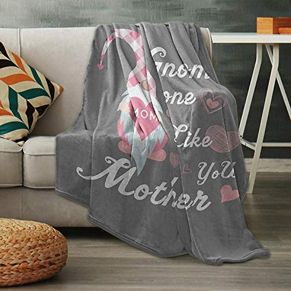 Possta Decor Mother's Day Cute Gnomes with Love Heart Throw Blanket, Lightweight Cozy Warm Throws Grey Backdrop, Super Soft Fuzzy Plush TV Blankets for Living Room Bedroom Bed Couch Chair