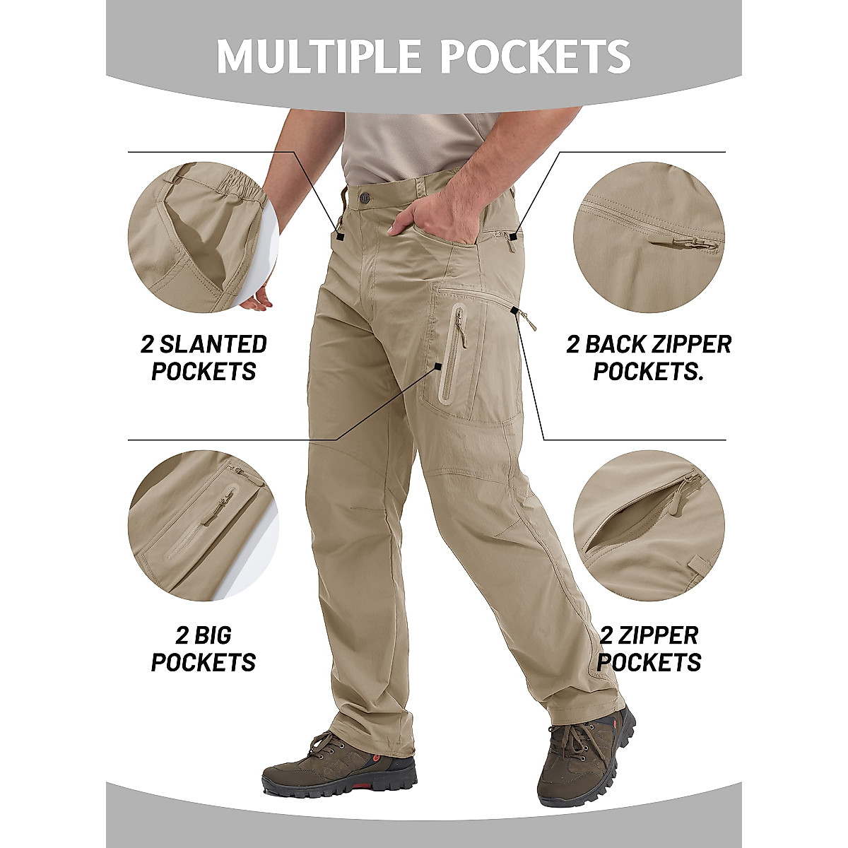 TACVASEN Men's Quick-Dry Pants Water-Resistant 8 Pockets Ripstop Hiking Pants Khaki, 32