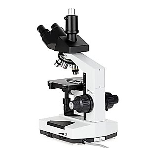 AmScope T490B-DK Compound Trinocular Microscope, WF10x and WF20x Eyepieces, 40X-2000X Magnification, Brightfield/Darkfield, Halogen Illumination, Abbe Condenser, Double-Layer Mechanical Stage, Sliding Head, High-Resolution Optics