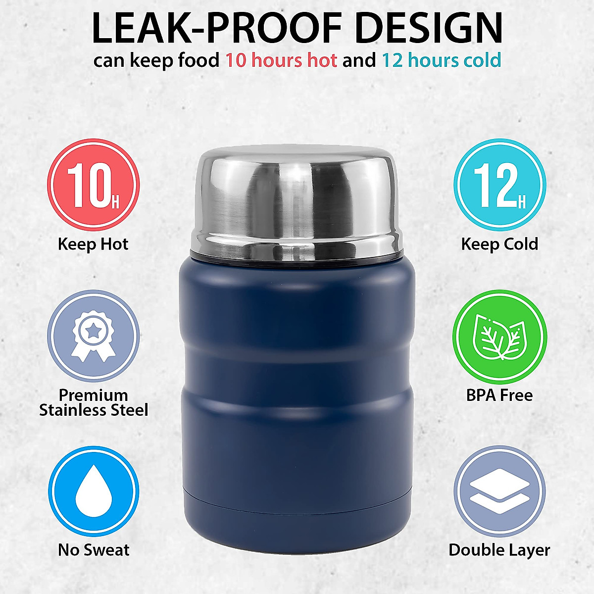 Double Wall Stainless Steel Wide Mouth 16.9 Ounce (500ml) Insulated Food Thermos for Hot Food - Leak Proof Vacuum insulated Food Jar with folding spoon for School, Office, and Travel etc. – Navy Blue