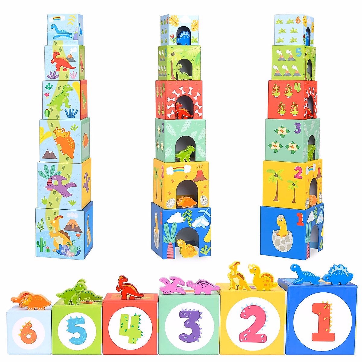 ANPEAC Baby and Toddlers Dinosaur Sorting and Stacking Matching Toys for 1-3 Year Old, Balance Blocks, Kids Preschool Learning, Numbers Nesting Boxes Montessori Gifts for Baby Boys Girls