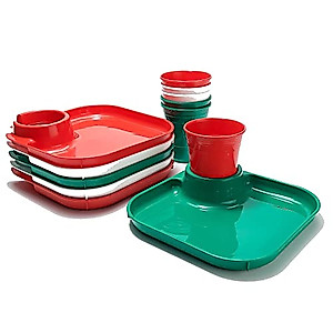 Great Plate Reusable Plastic Plates for Parties with Built-In Cup Holder - Set of 6 Party Plates and Cups for Kids or Adults for Tailgating BBQ Camping Picnics (Red, White and Green, Square)