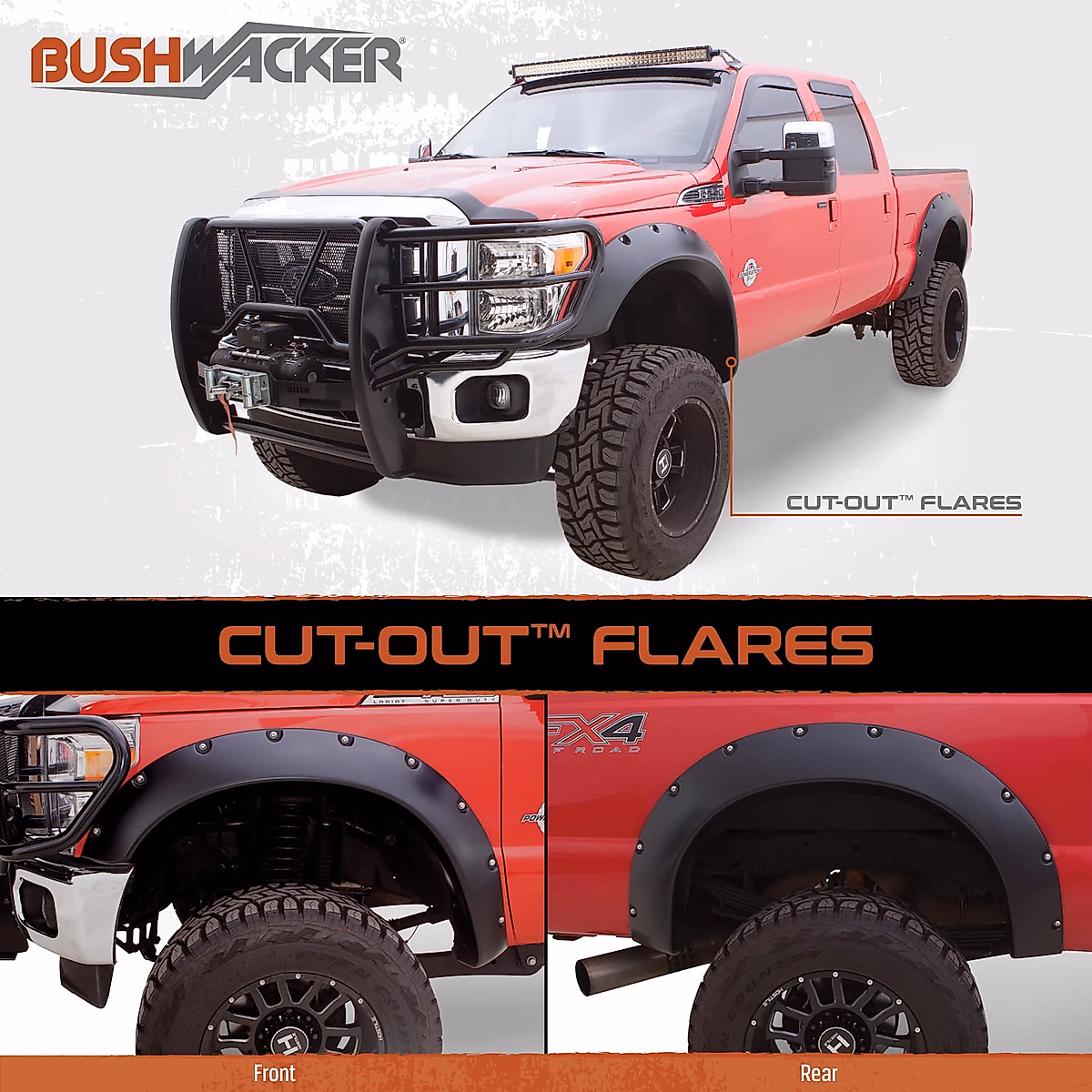 Bushwacker Cutout Pocket/Rivet Style Rear Fender Flares | 2-Piece Set, Black, Smooth Finish | 20044-02 | Fits 1999-2010 Ford F-250/F-350 Super Duty Styleside w/ 6.8' Bed (Excludes Dually)