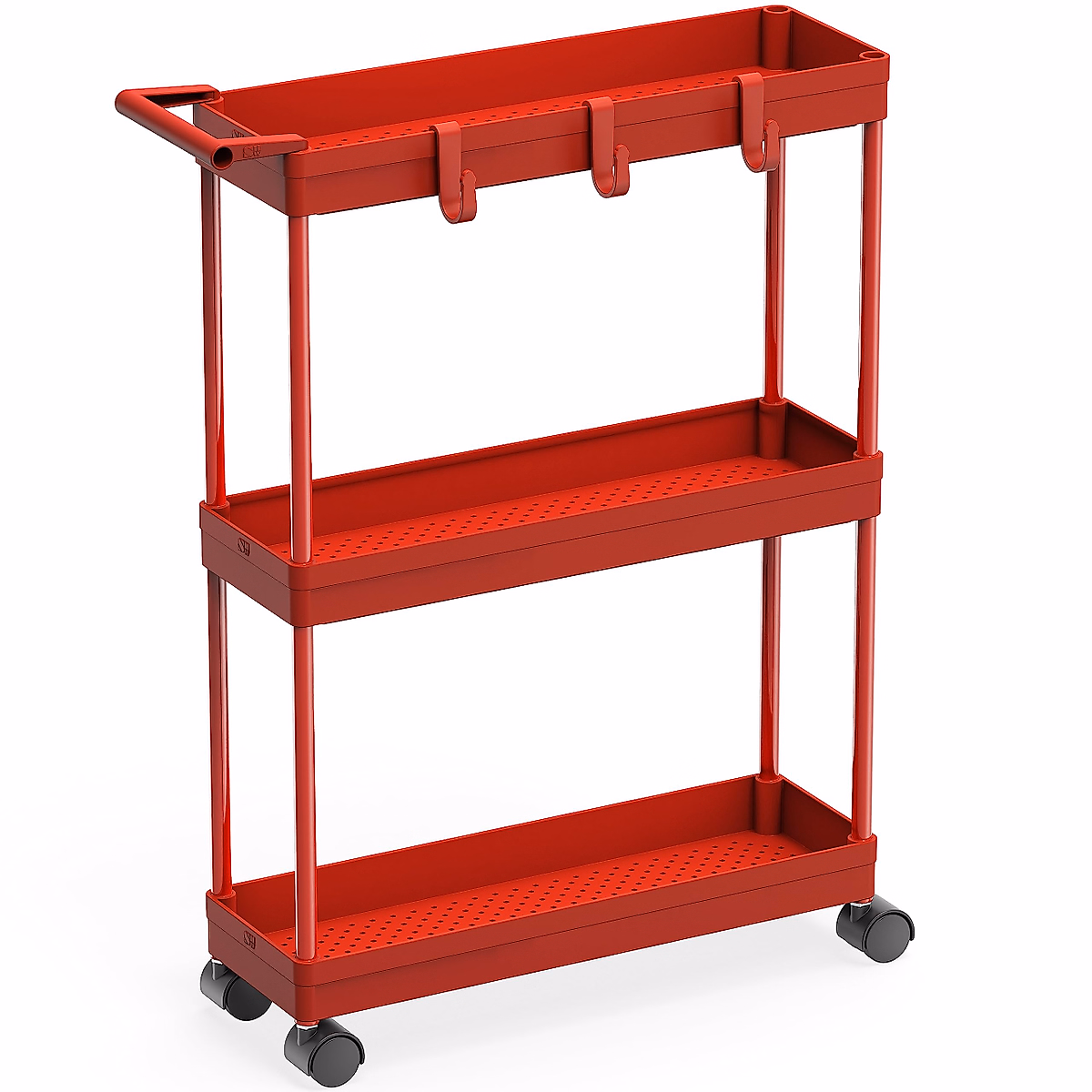 SimpleHouseware Kitchen Cart Storage 3-Tier Slim/Super Narrow Shelves with Handle, 26.5'' Height/5.5'' Width for Narrow Place, Red