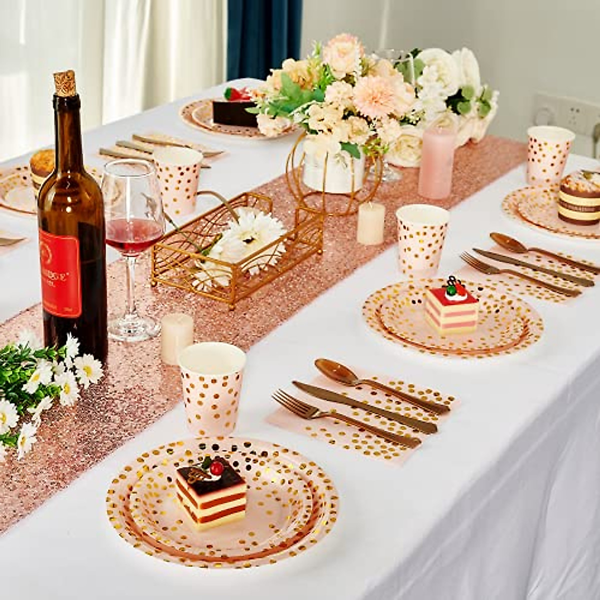 Pink and Gold Party Supplies – 175 Disposable Dinnerware Set Gold Dots on Pink Paper Plates Cups and Napkins, Gold Plastic Knives Spoons Forks for Baby Shower Wedding Party Bridal Shower