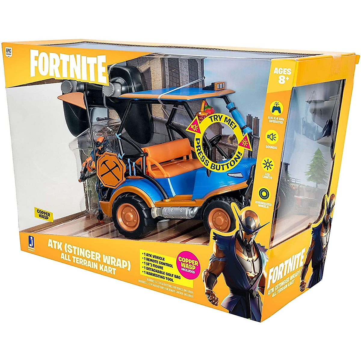 FORTNITE Stinger Wrap ATK Deluxe Feature Vehicle - 10 Inch All Terrain Vehicle (Stinger Wrapped) with Remote Control, Includes 4 Inch Copper Wasp Action Figure and 1 Power Punch Harvesting Tool