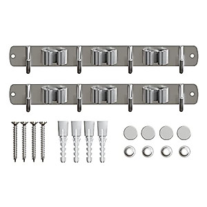 NATIKON Mop and Broom Holder Wall Mount with 3 Racks and 4 Hooks Stainless Steel Tool Organizer Storage Wall Mounted, 2 Pack