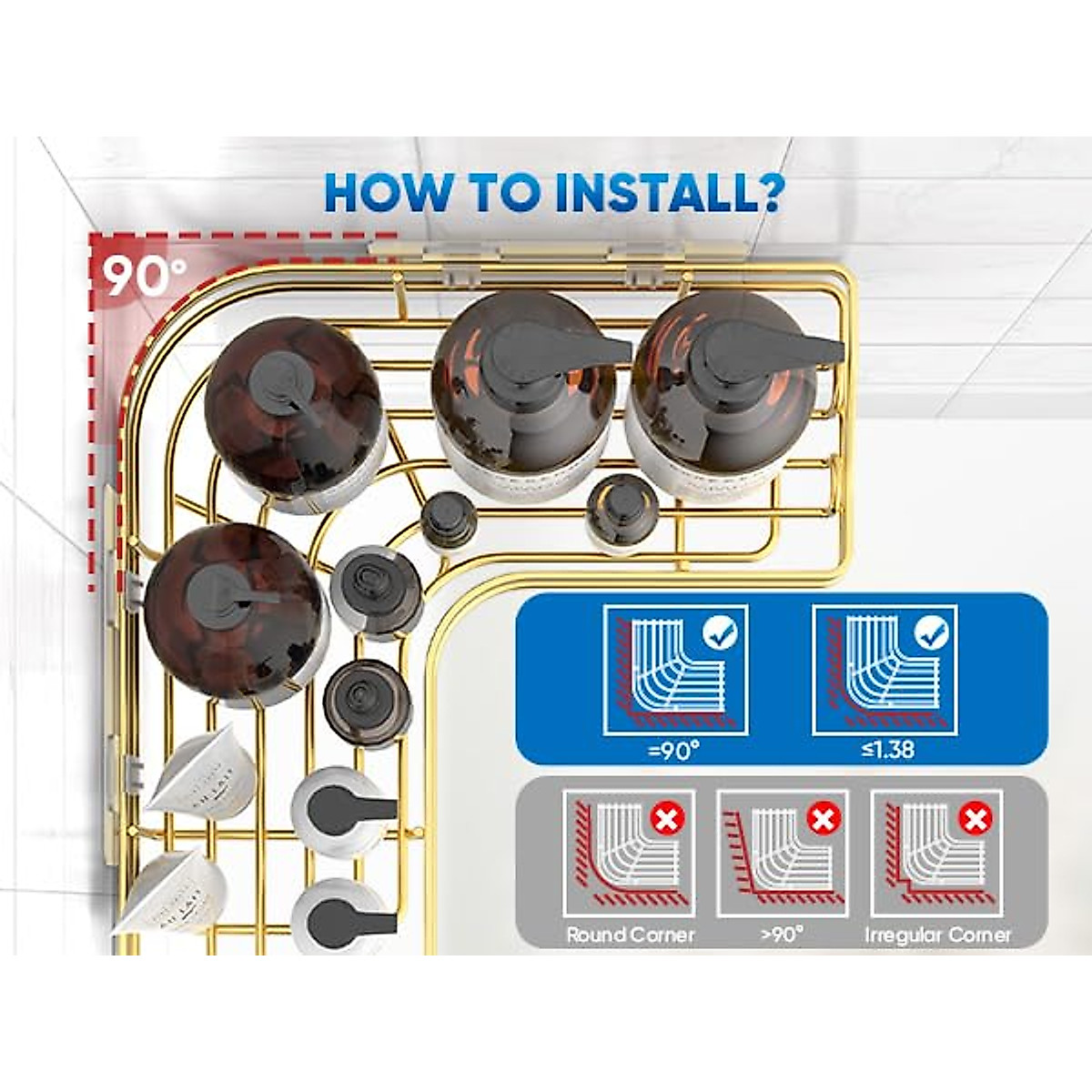 Hsiohe Gold Corner Shower Caddy, Adhesive Shower Organizer for Bathroom Storage, Rustproof Stainless Steel Shower Shelves, No Drilling, Space-Saving Shower Rack Shelf for Inside Shower 5 Pack